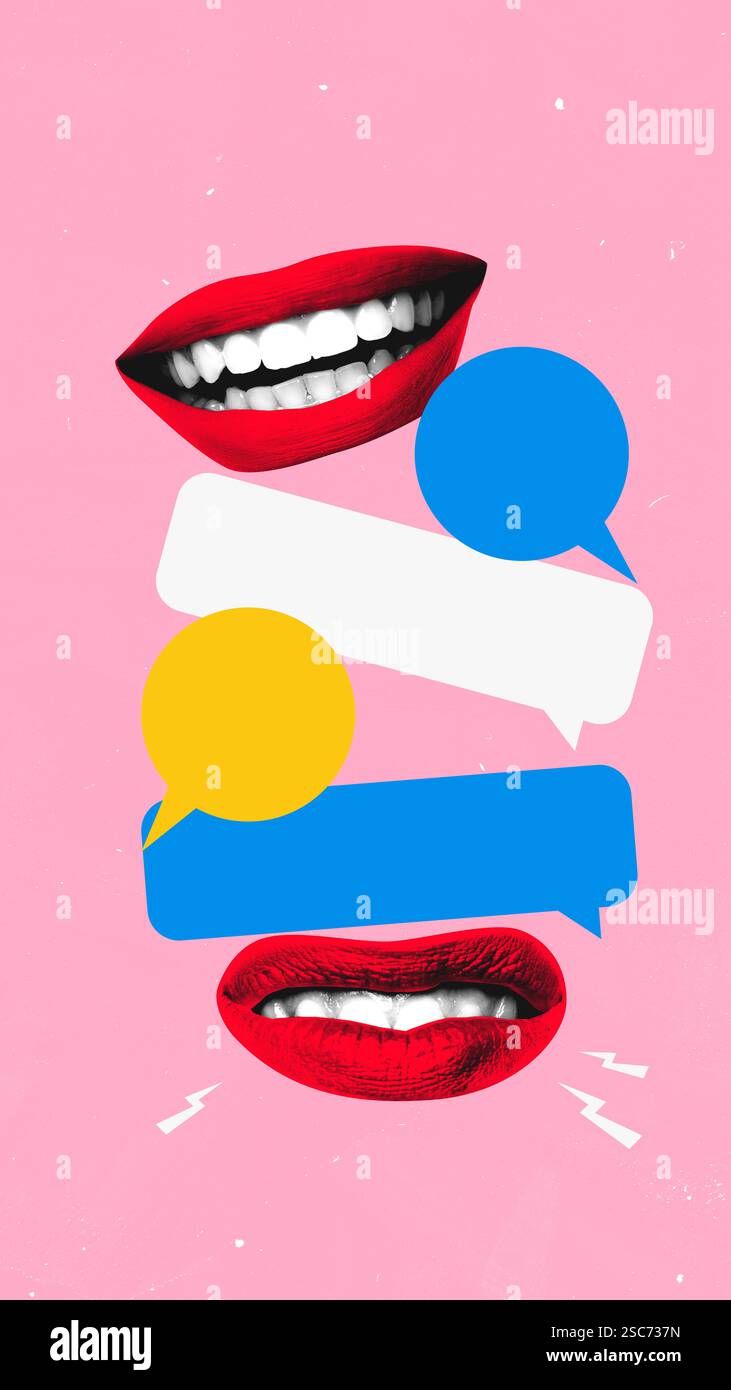 Contemporary art collage. Stacked red lips frame conversation through ...