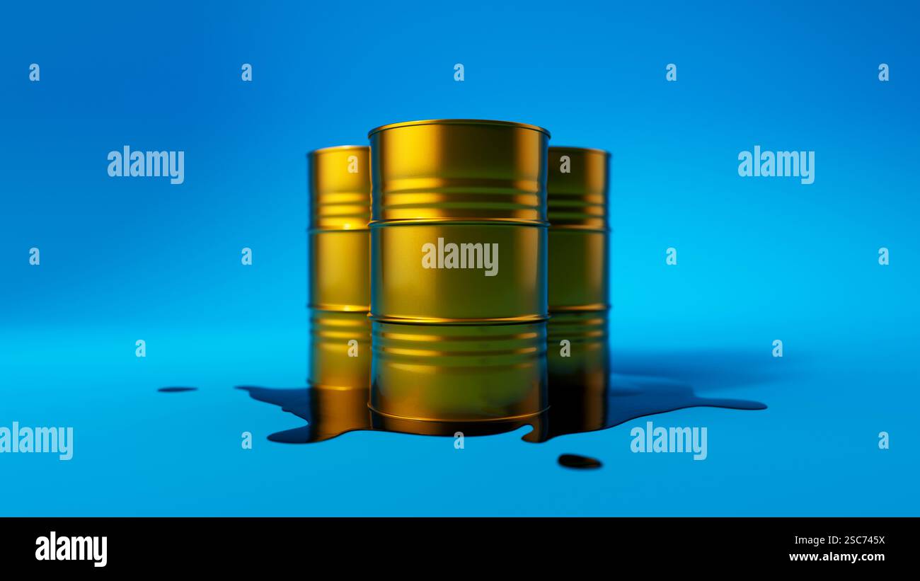 Three gold metal oil barrels stand on spilled puddle of crude oil on blue background. Black oil ...