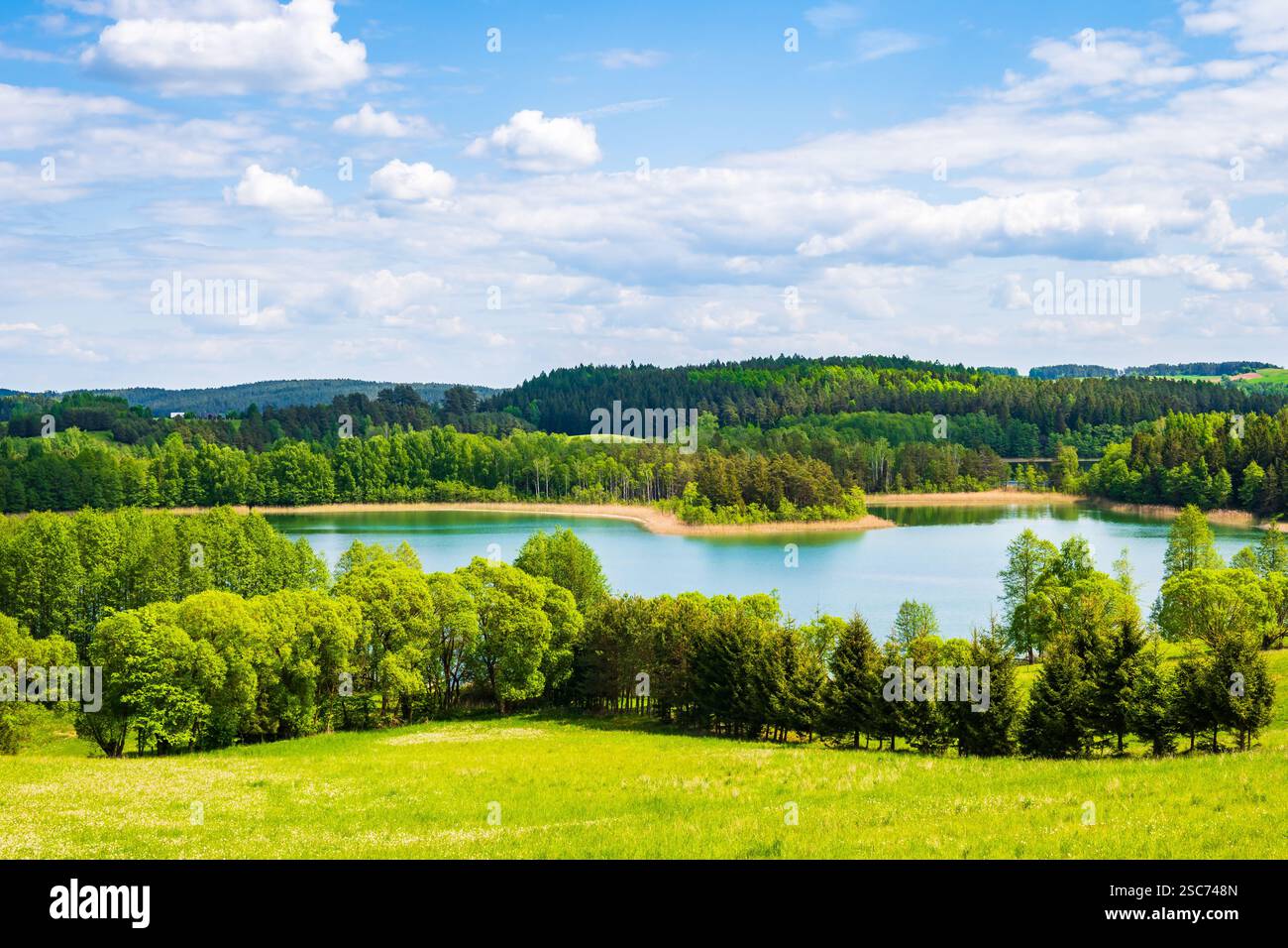 View of Jaczno lake from hill with green meadow and trees, Suwalski ...
