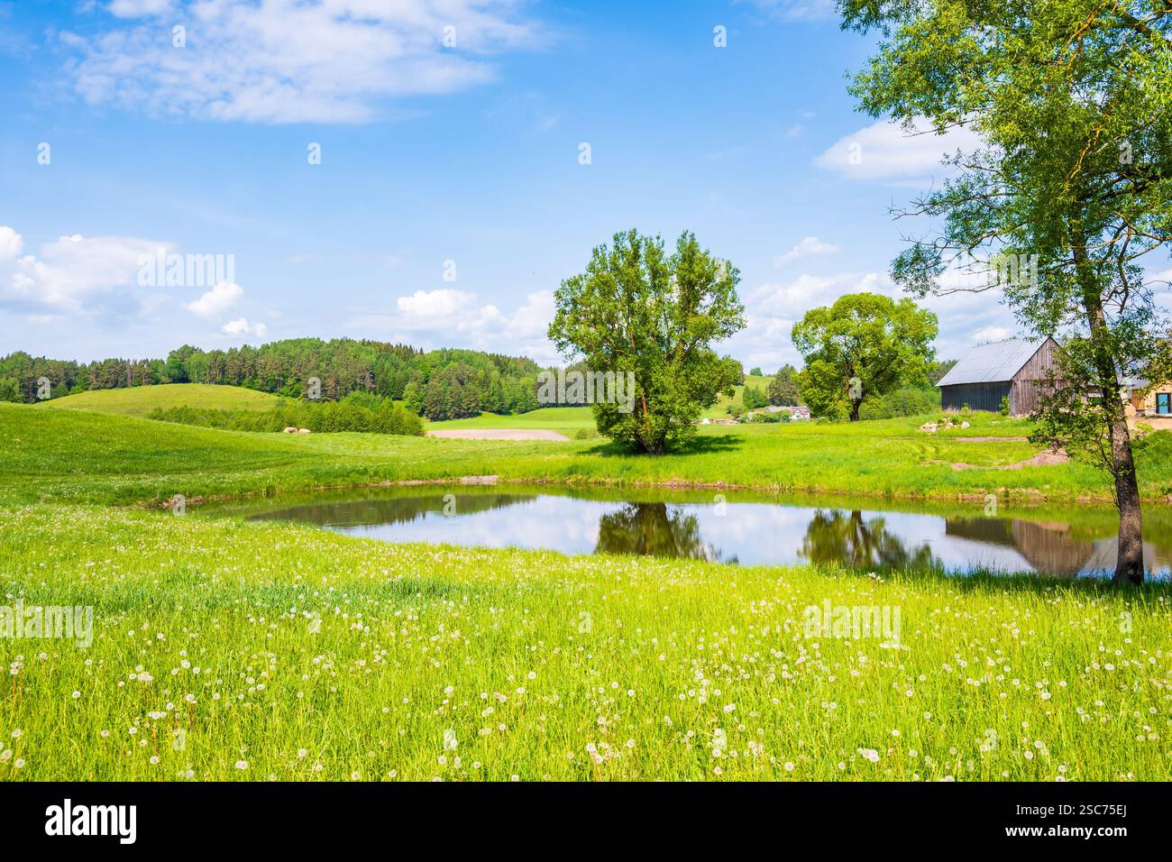 Small lake in green farming landscape on sunny spring day, Suwalski ...