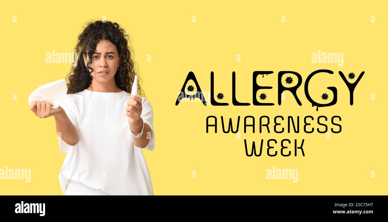 Banner for Allergy Awareness Week with young African-American woman ...