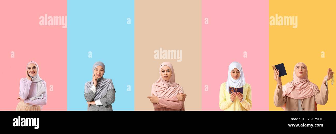 Set of different Muslim women wearing hijab on color background Stock ...