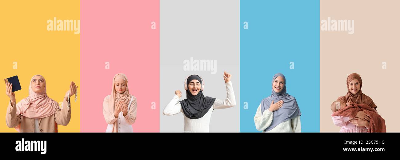 Set of different Muslim women wearing hijab on color background Stock ...