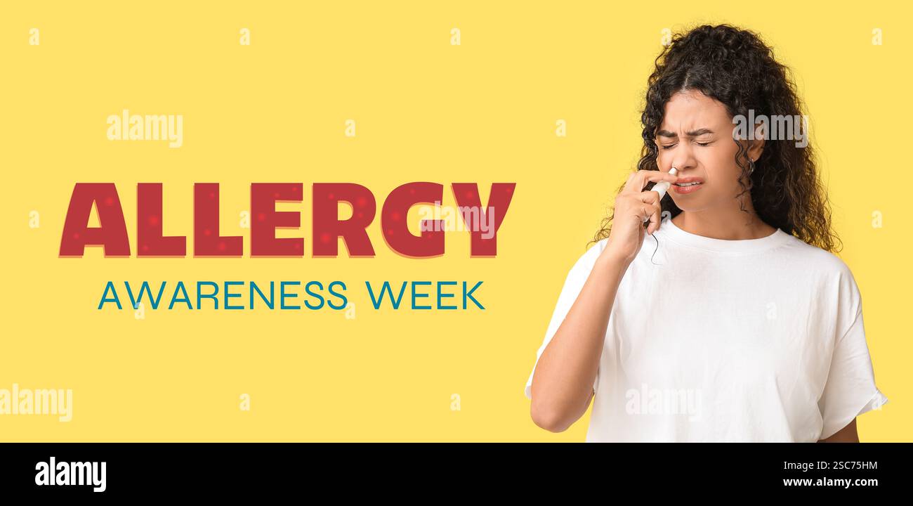 Banner for Allergy Awareness Week with young African-American woman ...