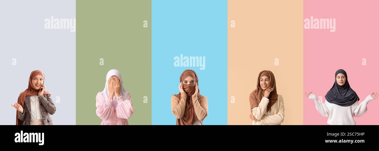 Set of different Muslim women wearing hijab on color background Stock ...