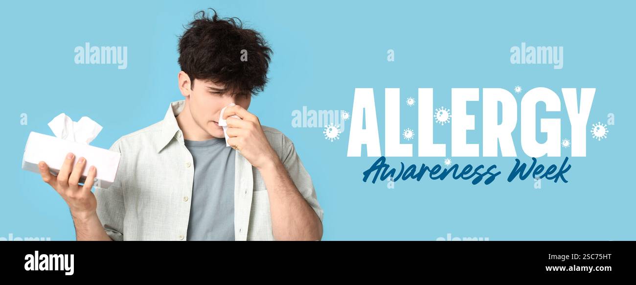 Banner for Allergy Awareness Week with young man holding tissues Stock ...