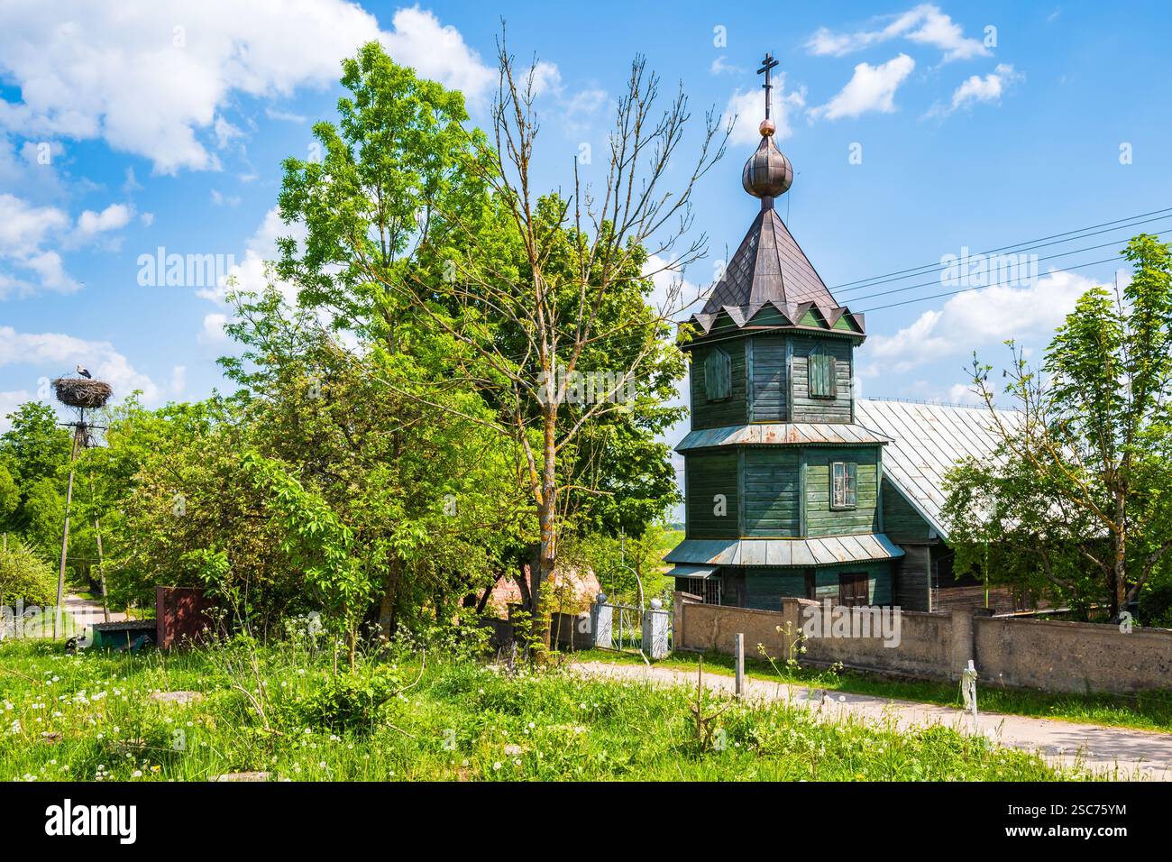 Old orthodox wooden church in Wodziki village on sunny spring day ...