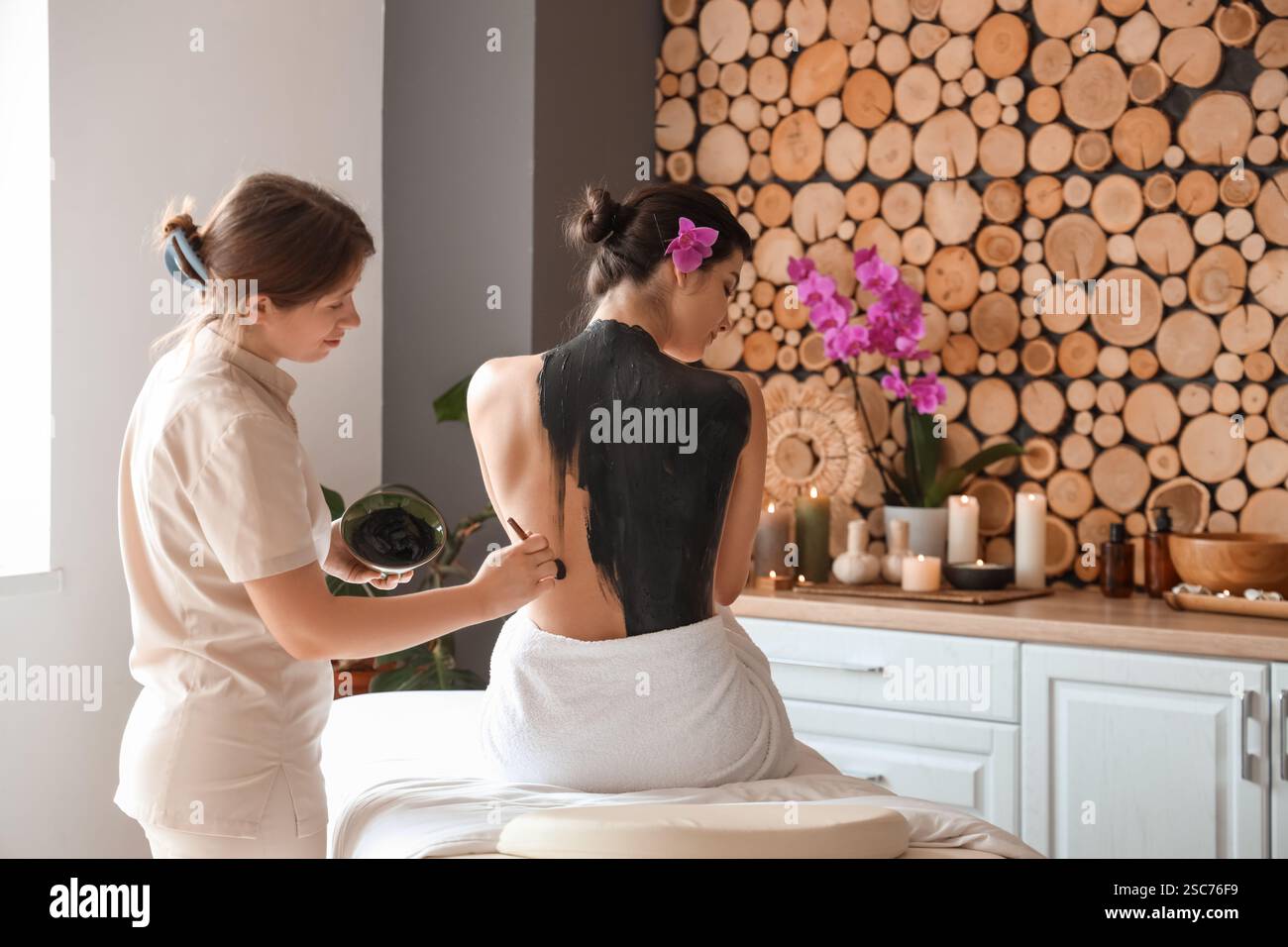 Massage therapist applying mud on young woman's back in spa salon Stock ...