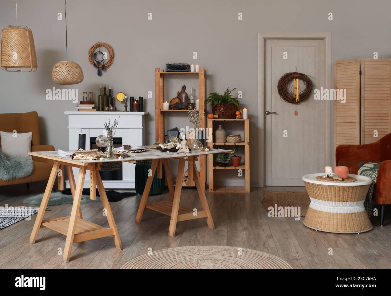 Interior of witch's room with magic attributes, table and shelf units ...