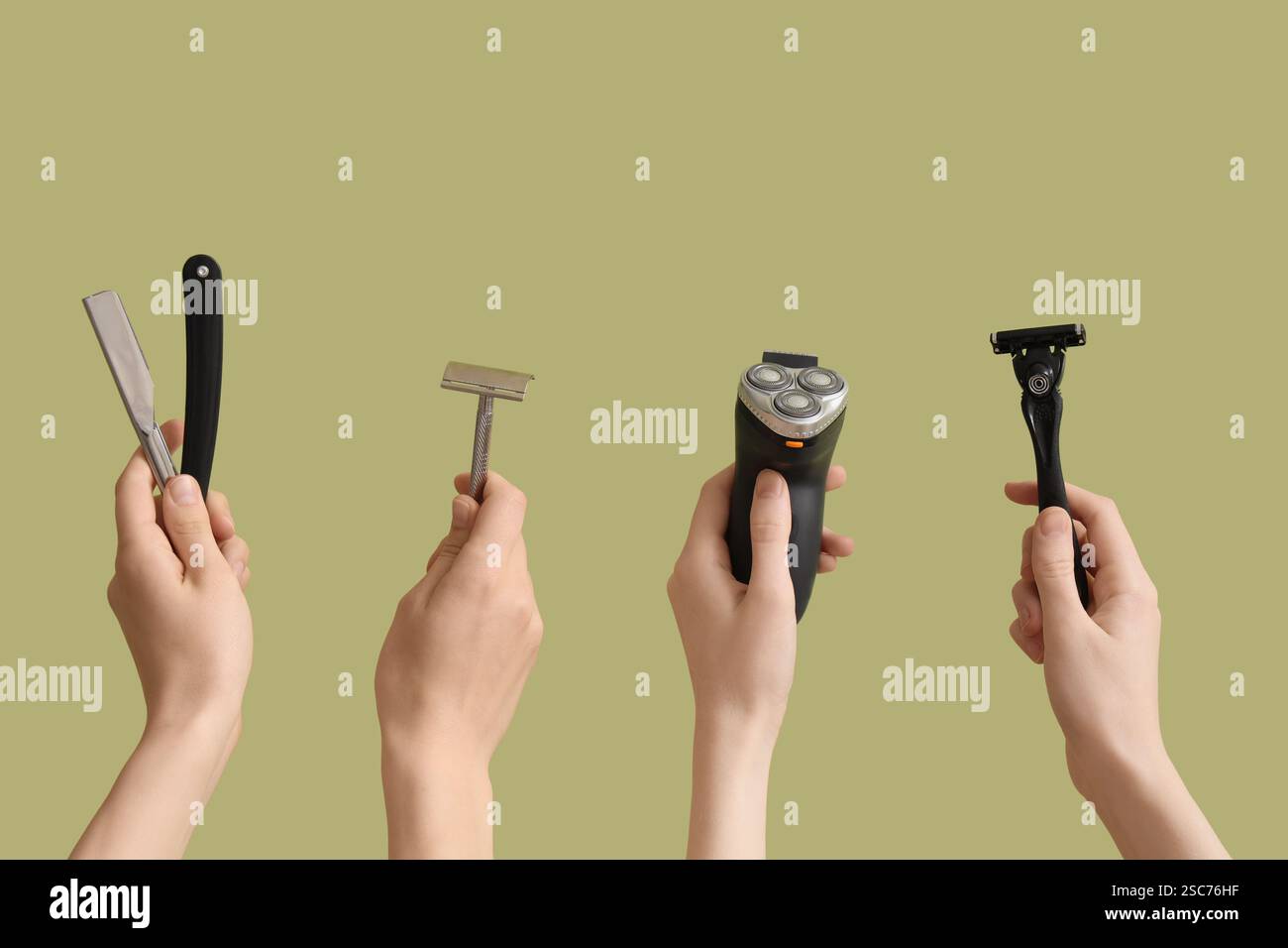 Female hands holding razors, electric shaver and straight razor on ...