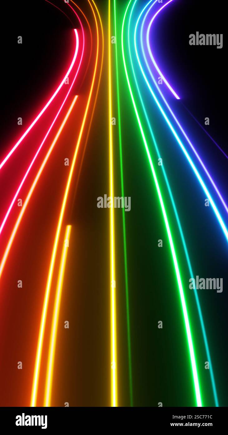 Rainbow colored neon light lines flowing on a dark background ...
