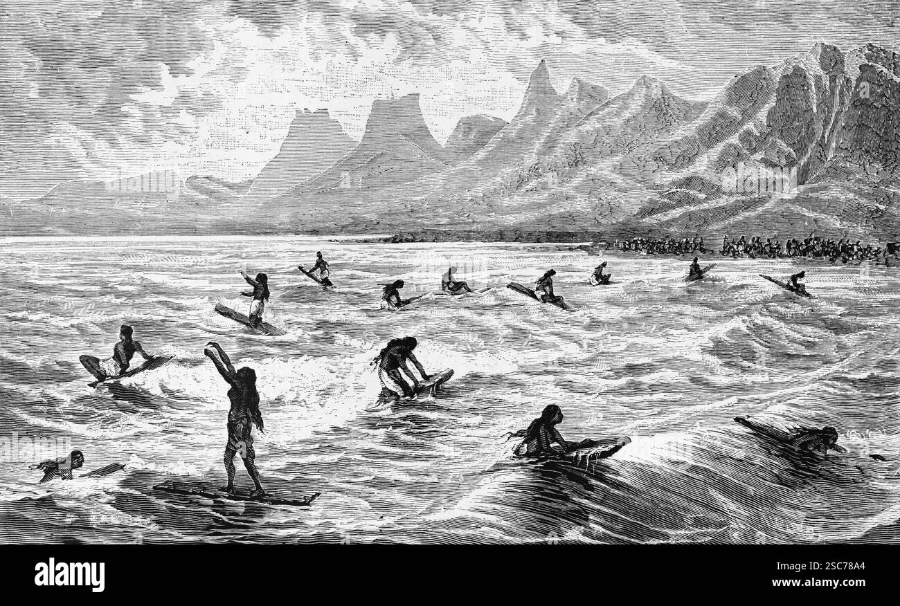 Native people surfing on the Pacific Ocean waves in Hawaiian Islands ...