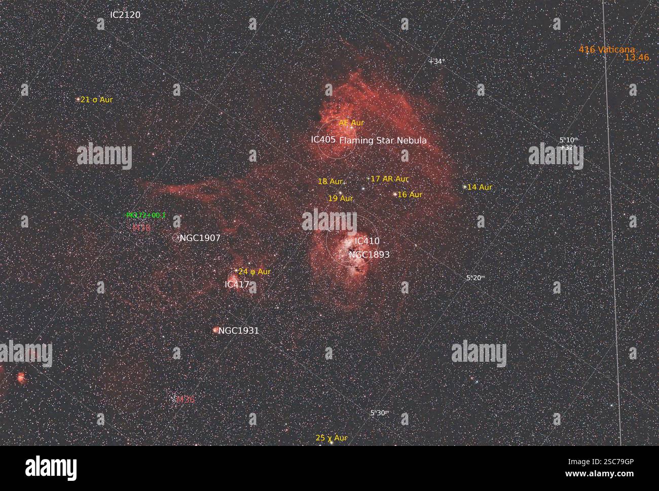 Nebulae IC 405 (Flaming Star Nebulae) and IC 410 open cluster. Rich galactic star field in the ...