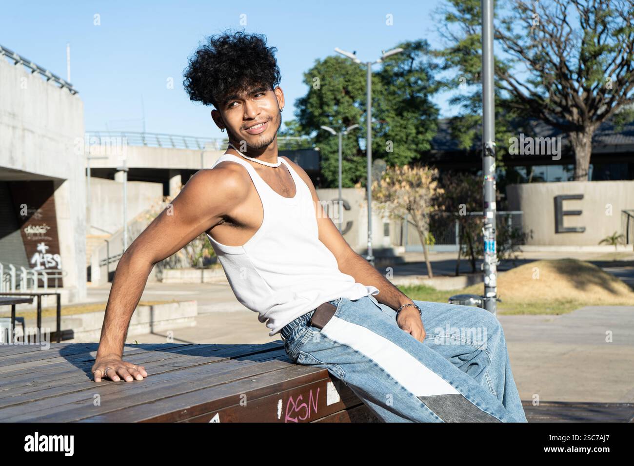 Young Latino man posing on a wooden platform in a square Stock Photo ...