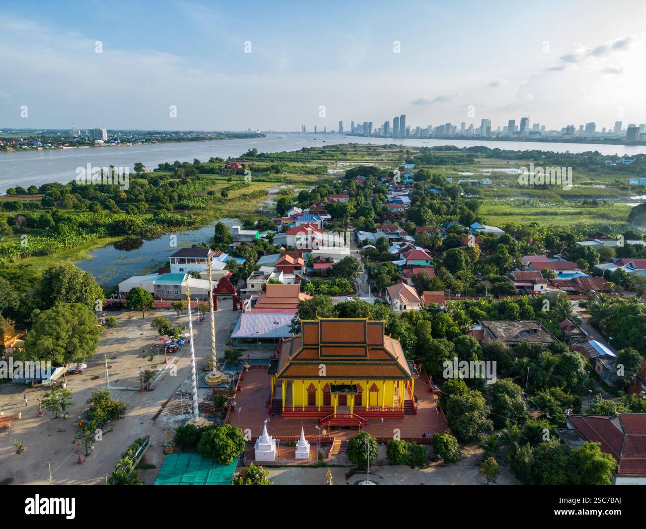 Aerial view of Kaoh Oknha Tei Temple on Silk Island with Mekong River ...