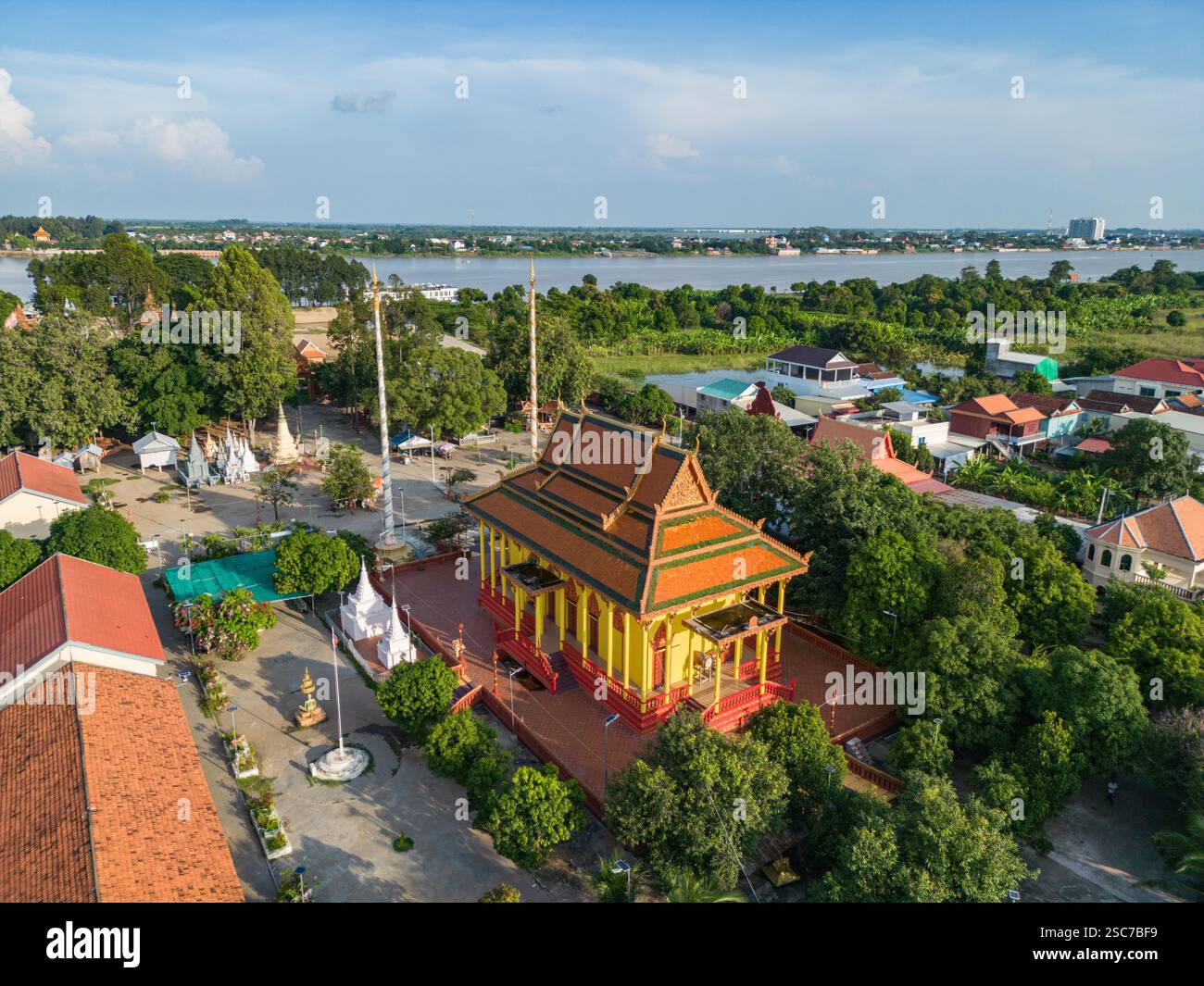 Aerial view of the Kaoh Oknha Tei Temple on the Silk Island with the ...