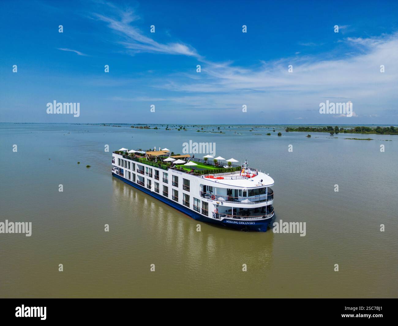 Aerial view of the river cruise ship RV Mekong Discovery (Thurgau ...