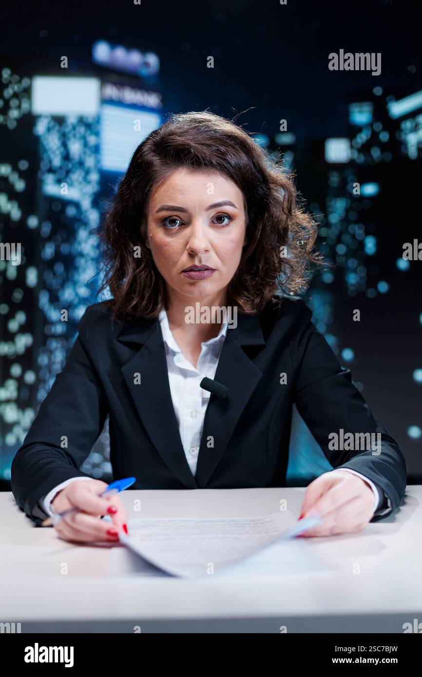 Night show host presenting latest events with details, covering all ...