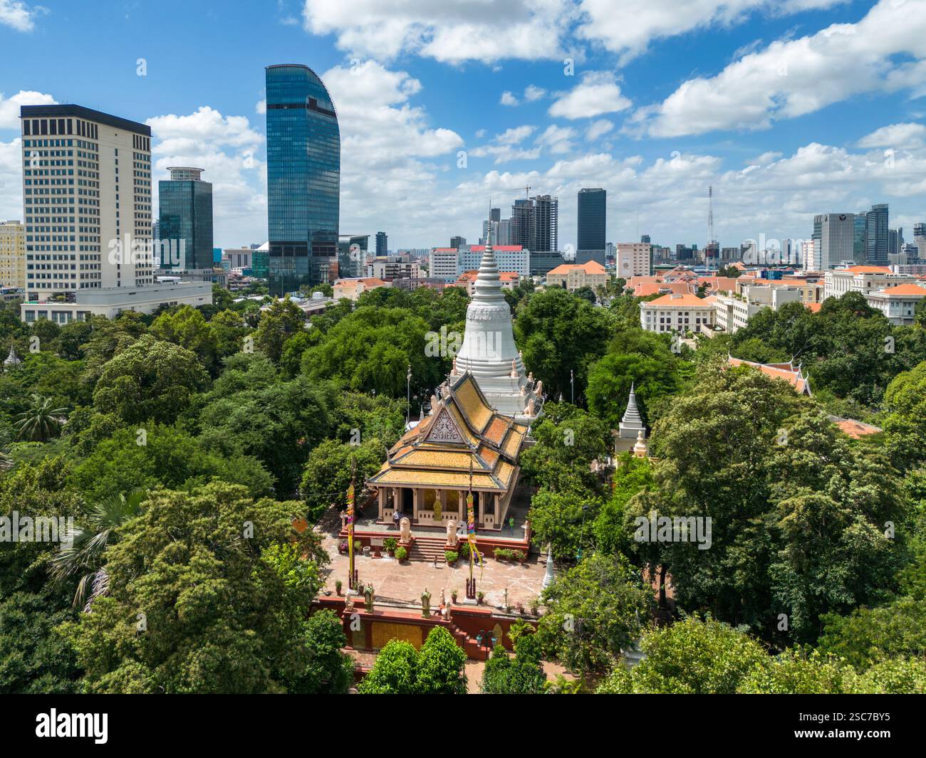 Aerial view of the hilltop temple Wat Phnom with skyscrapers in the ...