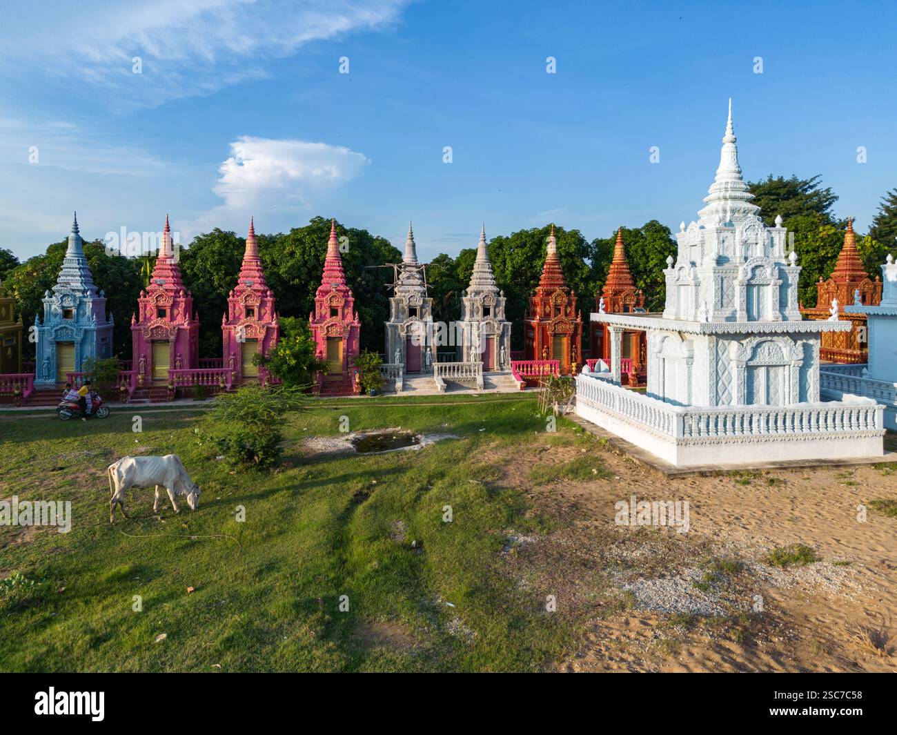 Aerial view of stupas at Kaoh Oknha Tei Temple on “Silk Island” with ...