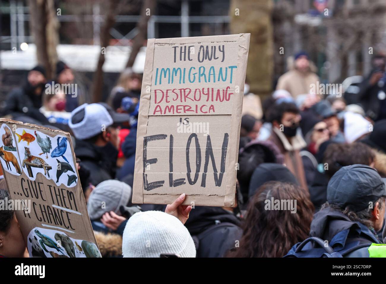 A protester holds up a sign addressing Elon Musk's involvement in ...