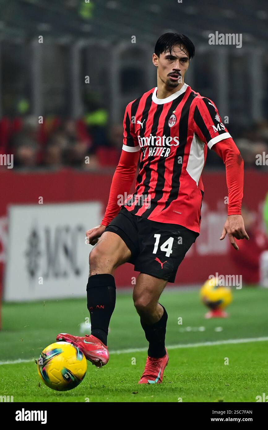 AC Milan's Dutch midfielder #14 Tijani Reijnders during the Italian Coppa Italia football match ...