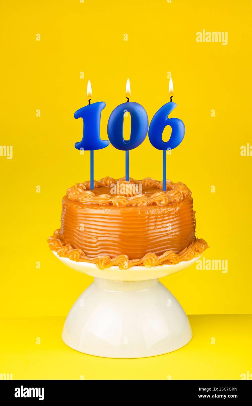 Number 106 candle - Happy Birthday cake on a yellow background Stock ...
