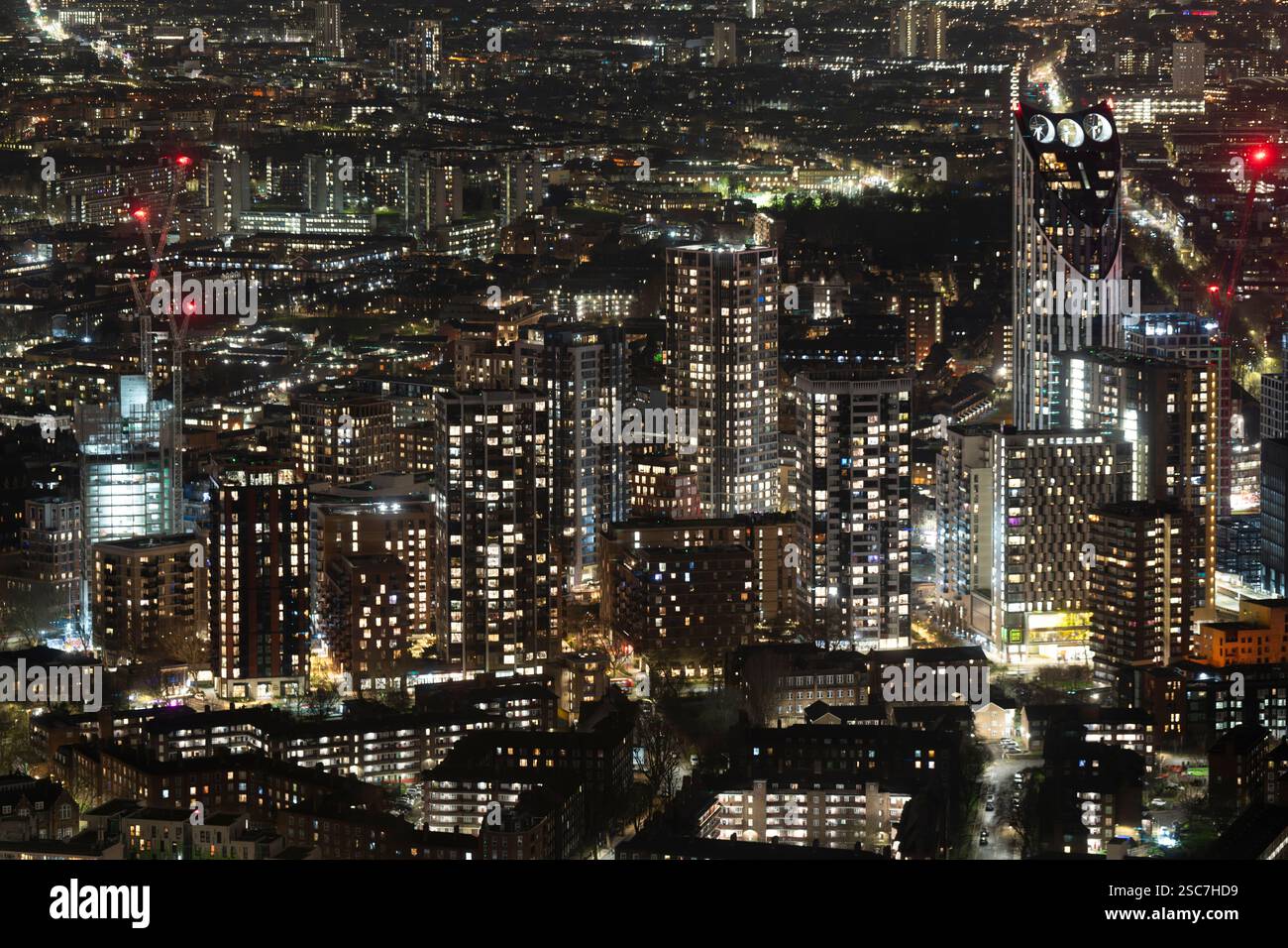 Nighttime view of London, UK, specifically the area around the Shard ...