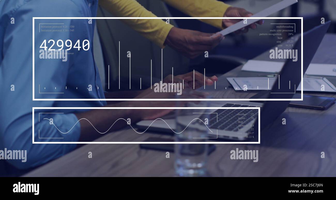 Business data analysis image over people working with documents and ...
