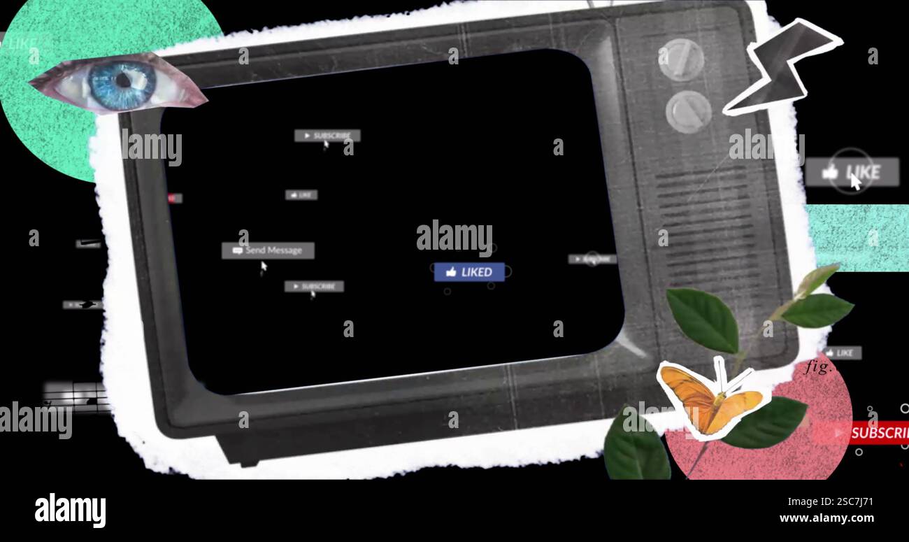 Social media notifications image over vintage television screen with ...