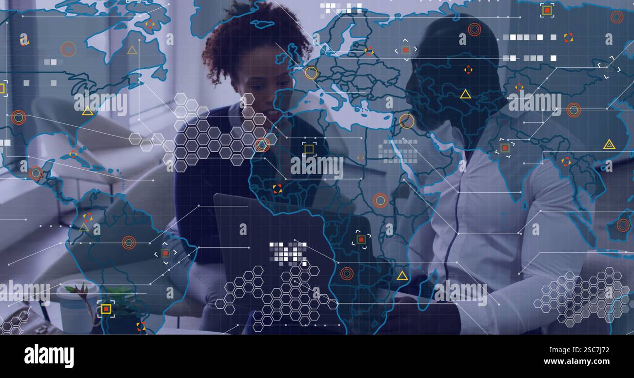 World map and data analytics image over business people in office Stock ...