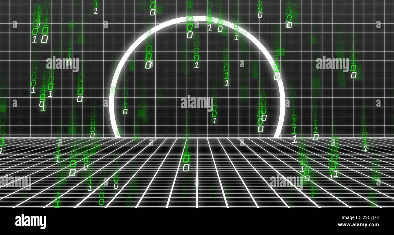 Green binary code and grid patterns over digital tunnel image Stock ...