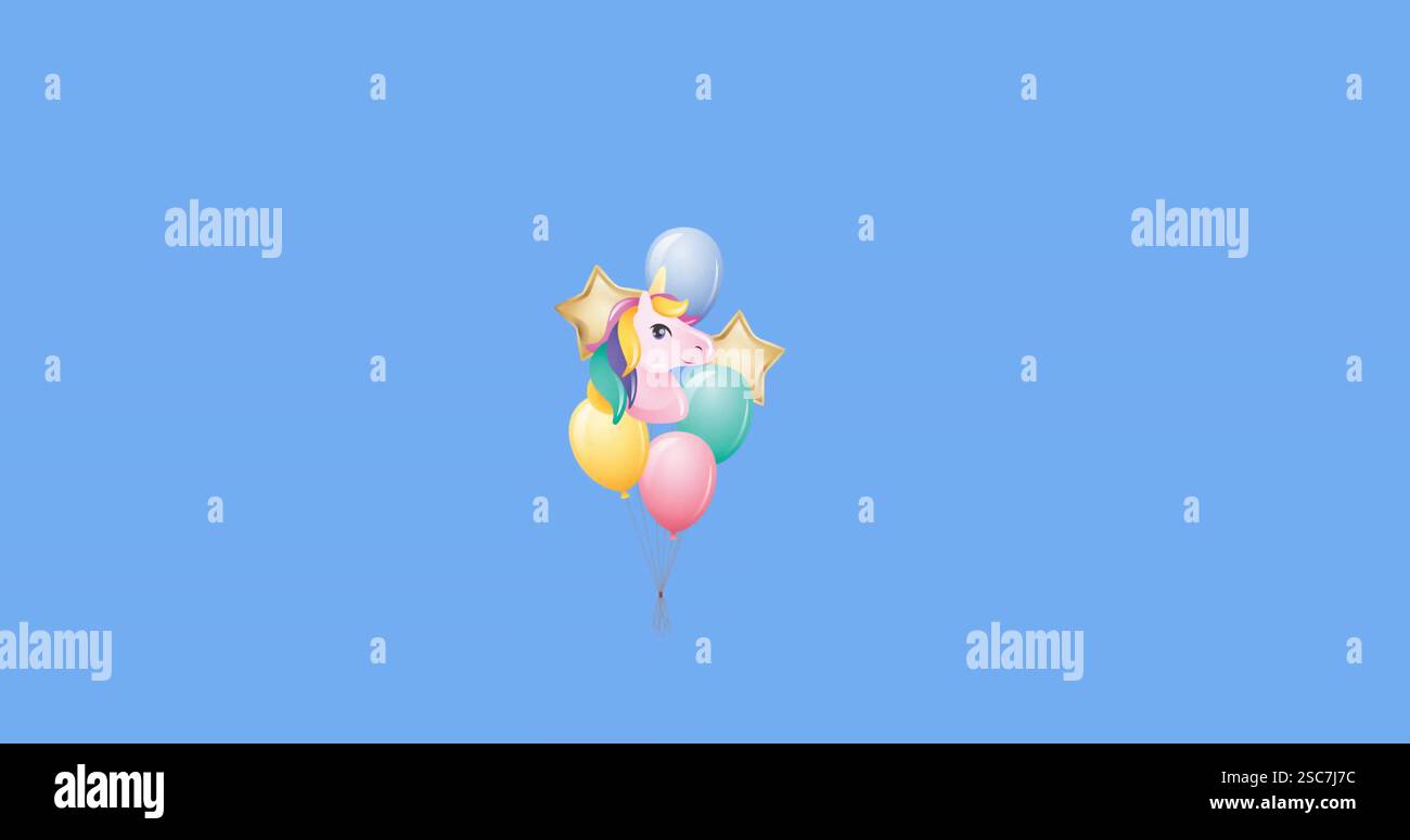 Unicorn and colorful balloons floating, star shapes image on blue ...