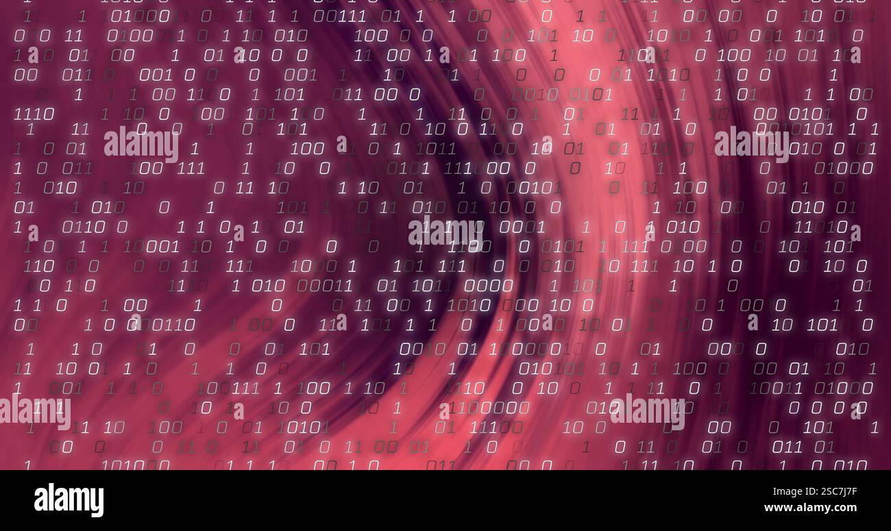 Binary code image over swirling red and purple abstract background. Technology, digital, data ...