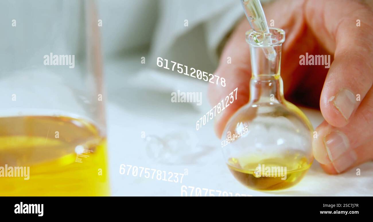 Pouring liquid into flask, scientific data image over laboratory ...