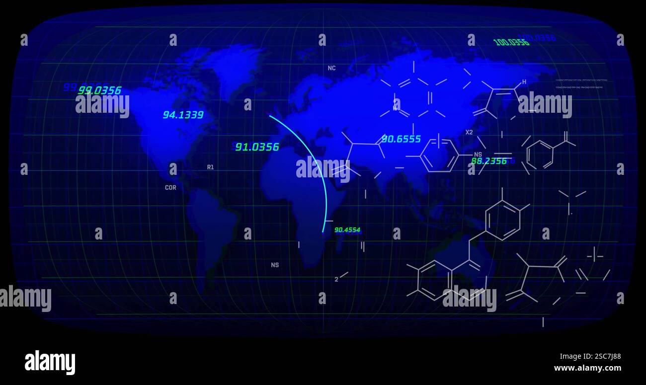 Chemical formulas and coordinates image over world map Stock Photo - Alamy