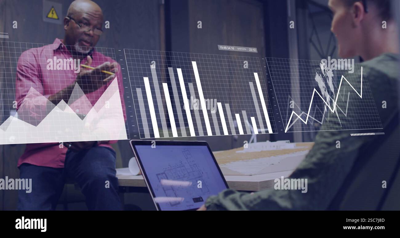 Business meeting with data analytics image over colleagues discussing ...