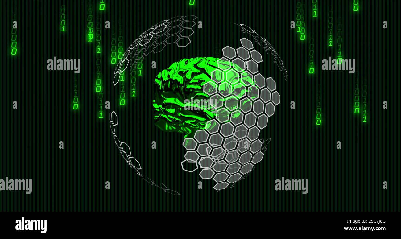 Green brain and hexagonal patterns with binary code image on dark background Stock Photo - Alamy