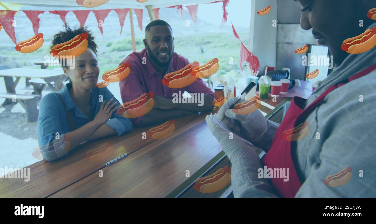 Ordering food at outdoor stand, image of hot dogs over scene Stock ...