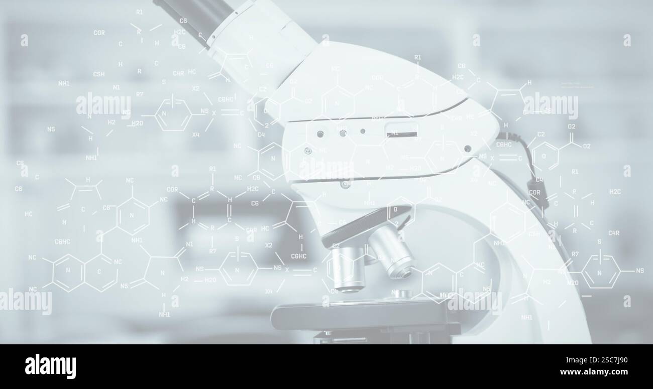 Microscope with chemical formula image overlay in scientific laboratory ...