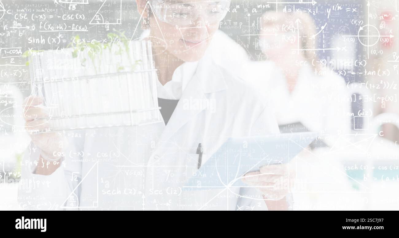 Scientist holding tablet and plant samples, scientific data image over lab scene. Science ...