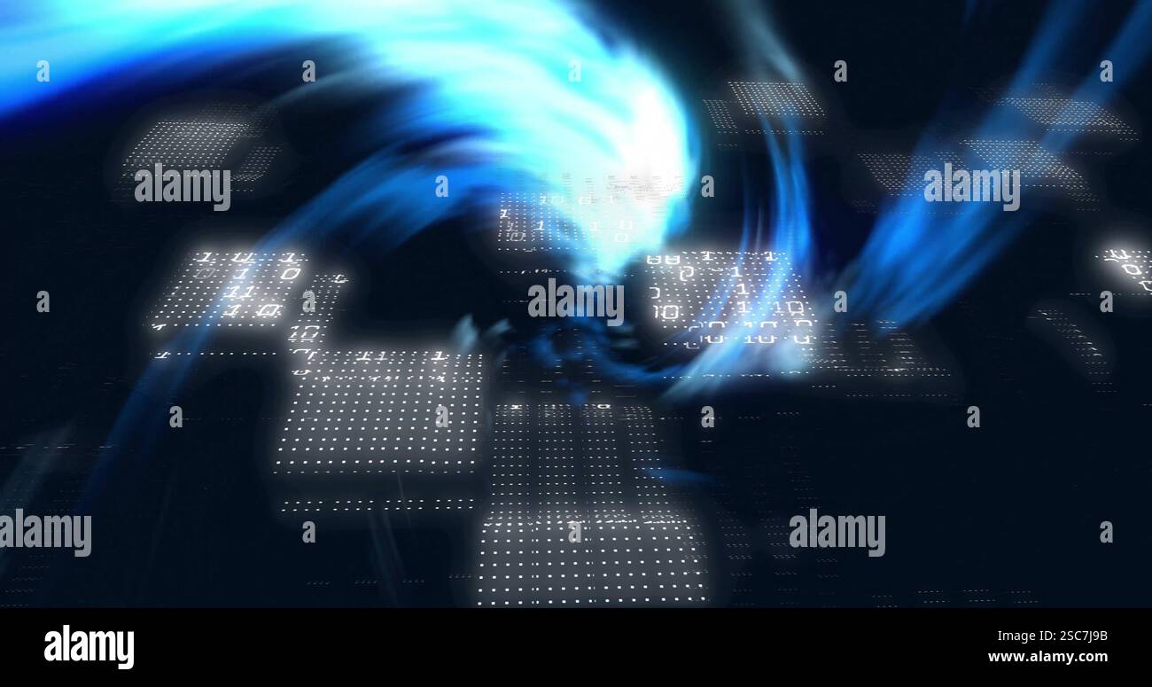 Binary code and data processing image over swirling blue light effects Stock Photo - Alamy