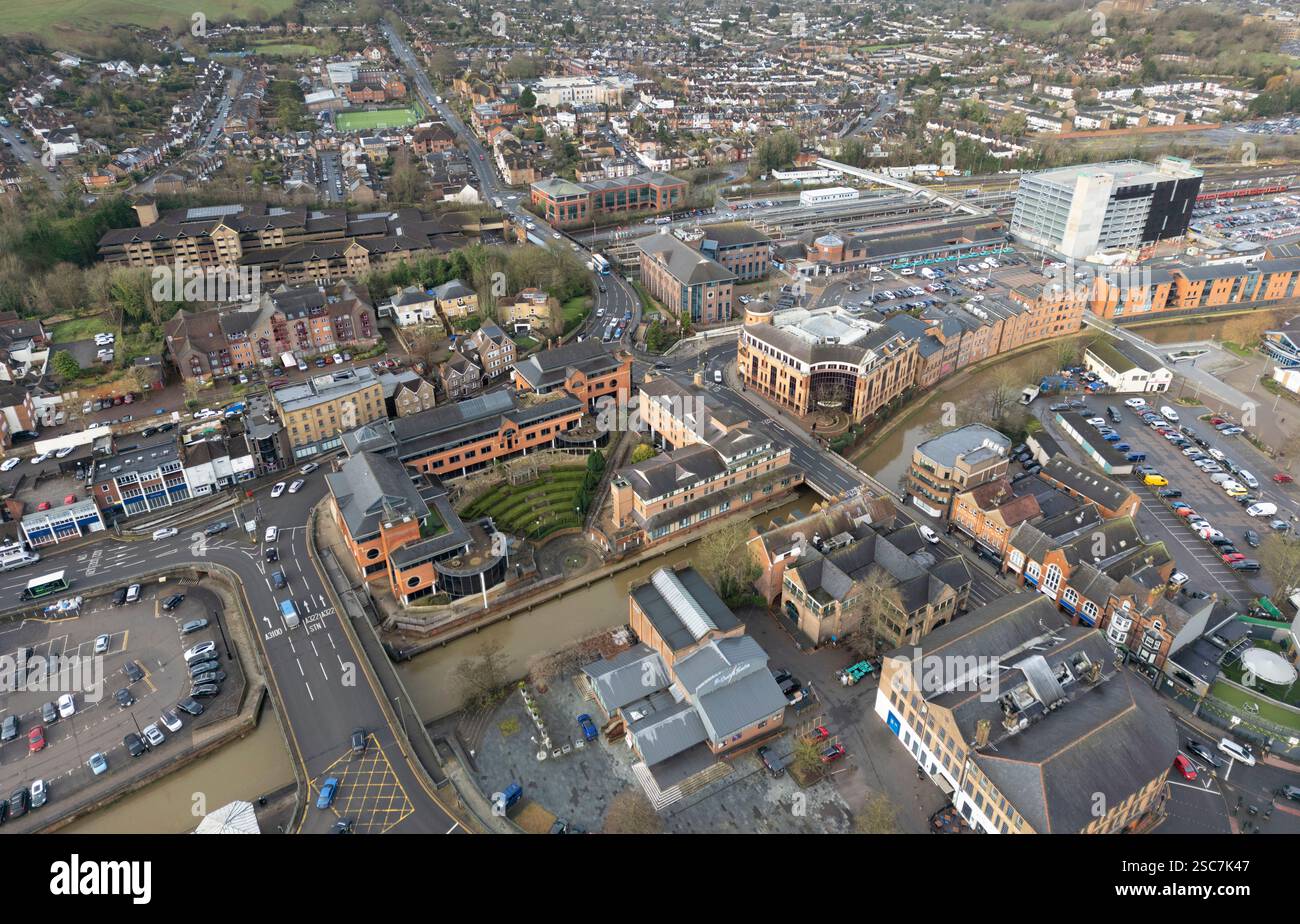 Aerial view of the town centre of Guildford, UK, focusing on the ...