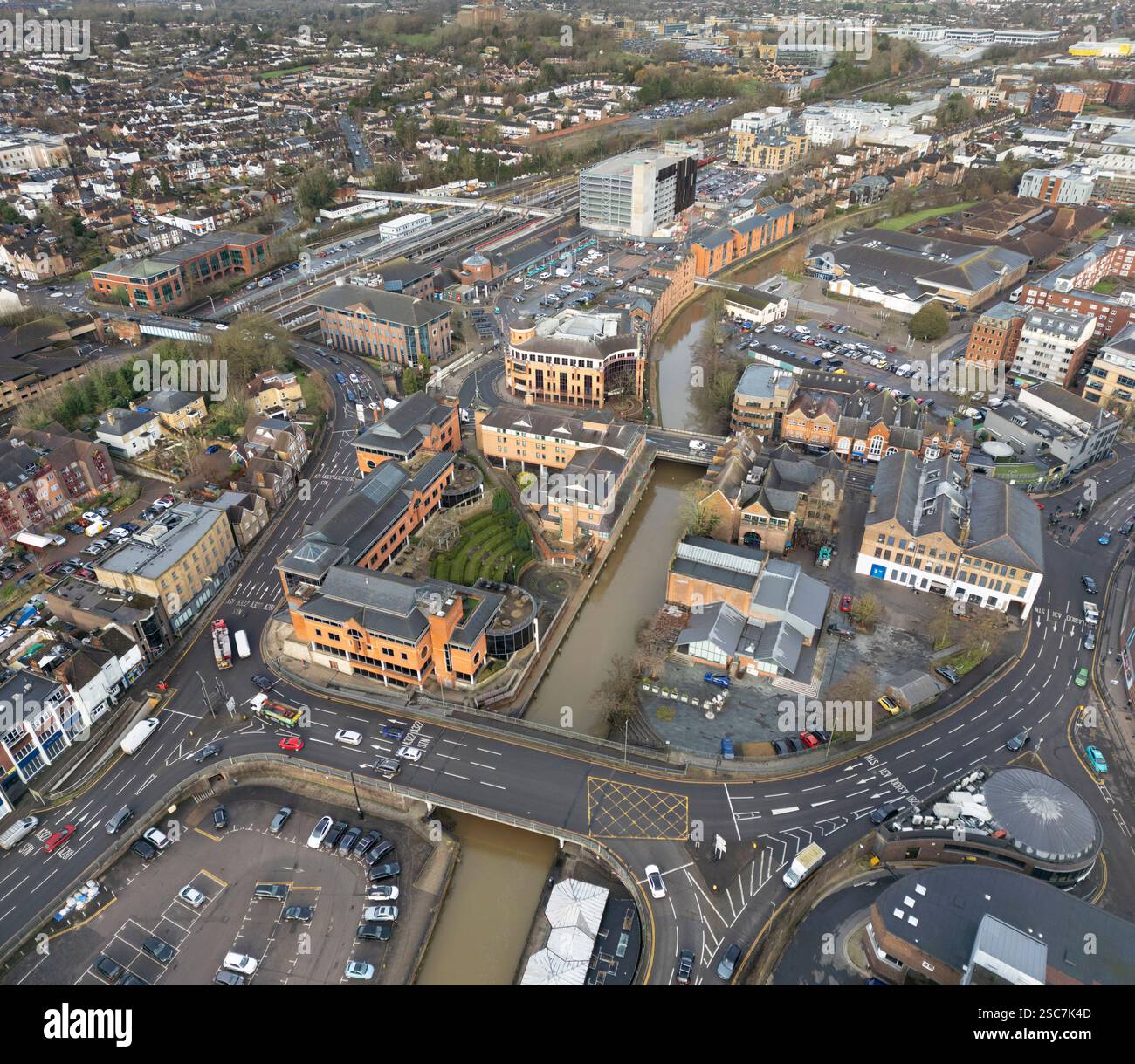 Aerial view of the city centre of Guildford, UK, showing the River ...