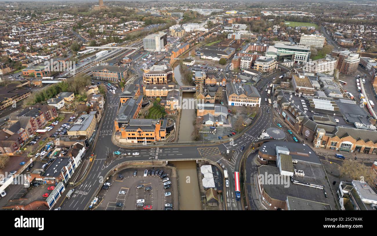 Aerial view of the city center of Guildford, UK The image highlights ...