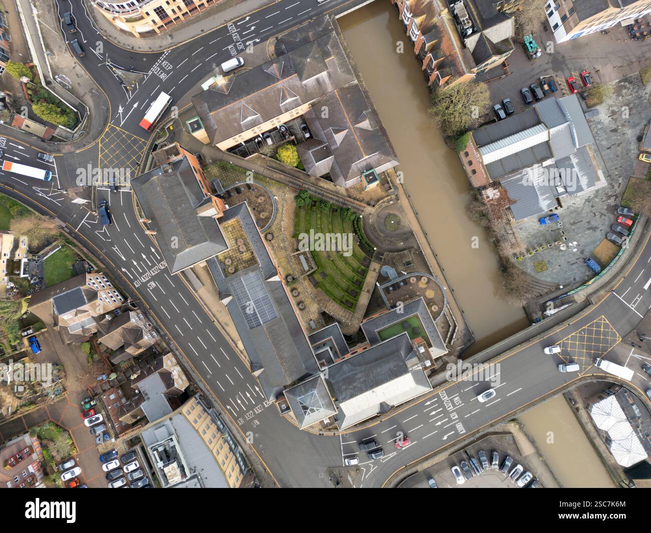 Aerial view of a busy intersection in Guildford, UK. Traffic flows ...