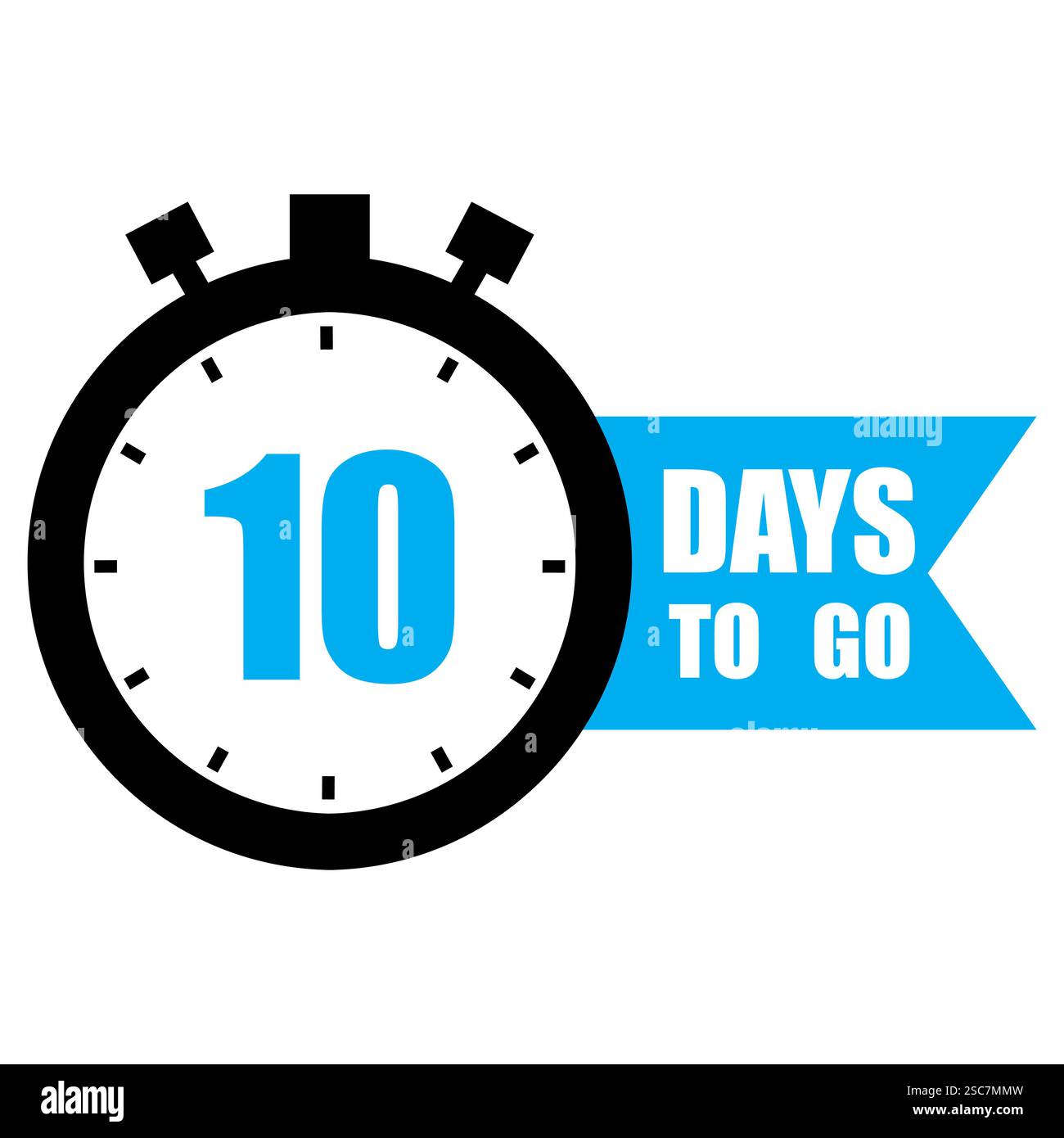 Countdown timer illustration. Number ten focus. Bold 10 days to go text. Bright blue background ...