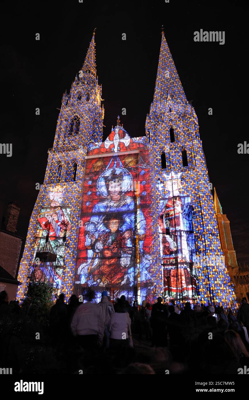 illumination on the south facade of the Cathedrale of Chartres,Eure-et ...