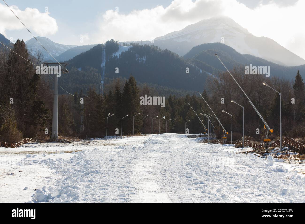 The image portrays a peaceful snow-covered pathway surrounded by ...