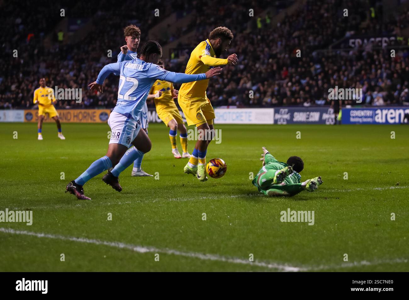 Jayden Bogle of Leeds United dribbles the ball Oliver Dovin of Coventry ...